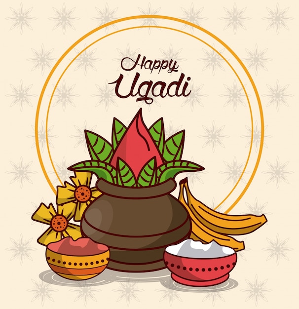 Vibrant Ugadi Celebration Illustration with Traditional Indian Elements ...