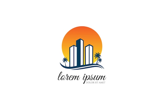 Vibrant Cityscape Logo with Palm Trees and Sunset | Jiffy Designs