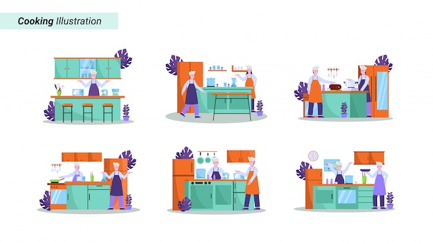 Diverse Cooking Scenes Featuring Kitchen Appliances and Utensils ...