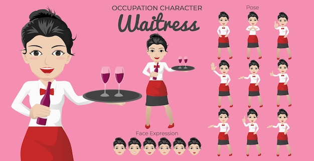 Charming Waitress Character with Diverse Poses and Facial Expressions ...