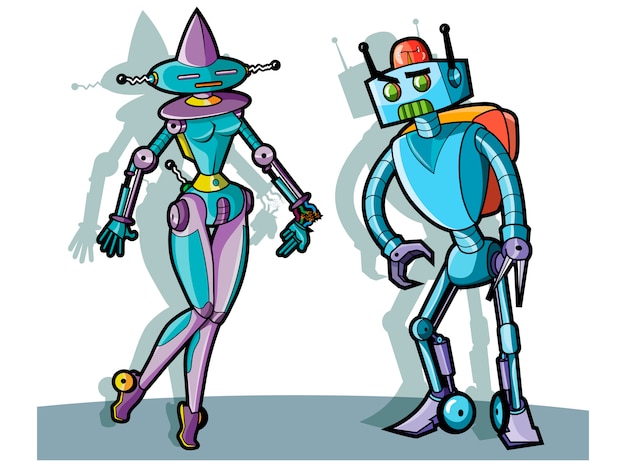 Vibrant Robotic Duo: Futuristic Characters in Vivid Hues | Jiffy Designs