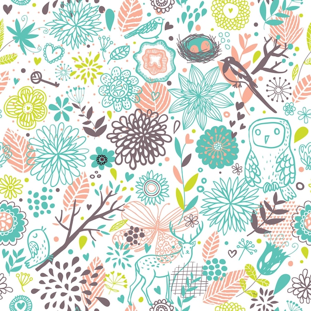 Vibrant Floral and Fauna Pattern with Whimsical Elements | Jiffy Designs