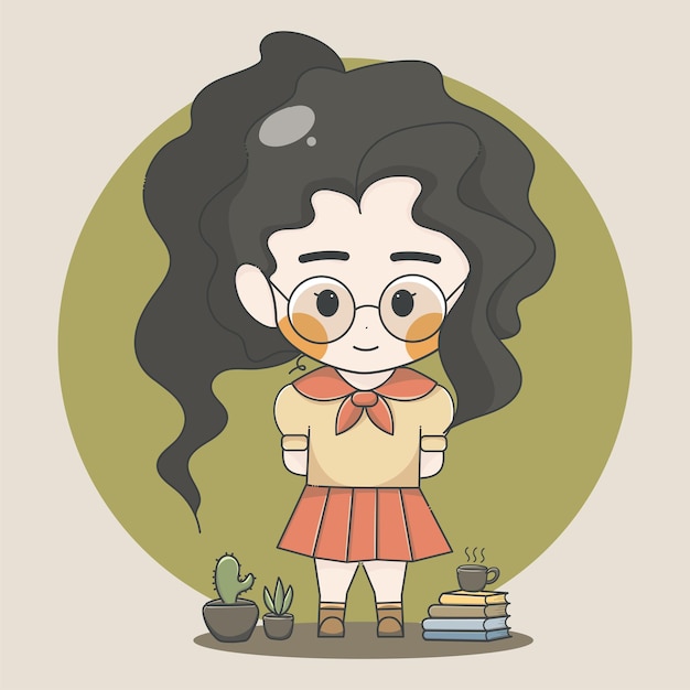 Whimsical Illustration of a Studious Girl with Curly Hair | Jiffy Designs