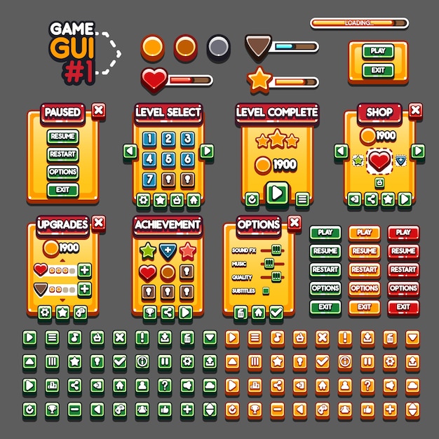 Vibrant Game GUI Elements Collection with Diverse Symbols and Buttons ...