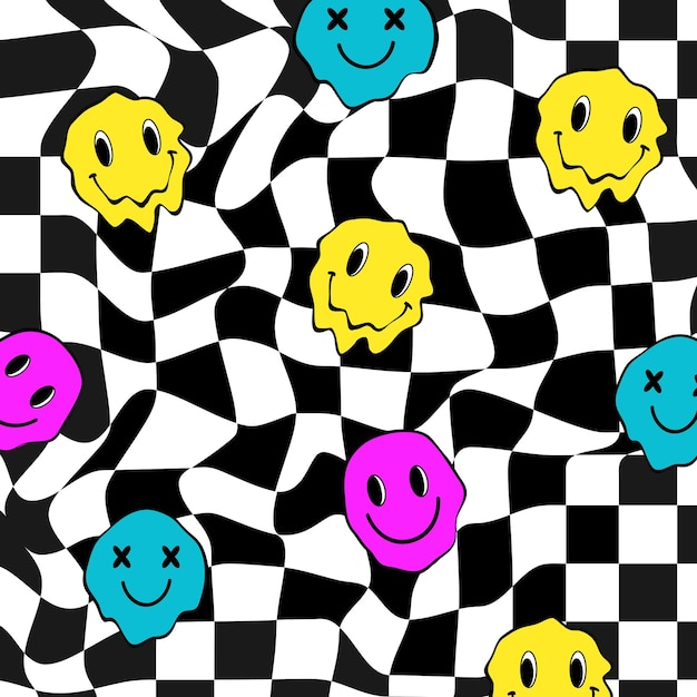 Vibrant Smiley Faces in Checkered Chaos | Jiffy Designs