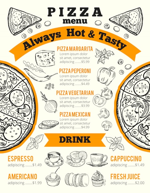 Vintage-Style Pizza Menu Design with Illustrated Food Items | Jiffy Designs
