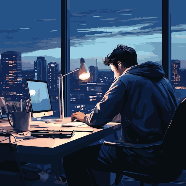 Night Owl Programmer Coding Against Glowing City Skyline | Jiffy Designs