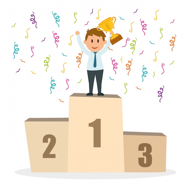 Triumphant Winner on Podium Celebrating with Confetti and Trophy ...