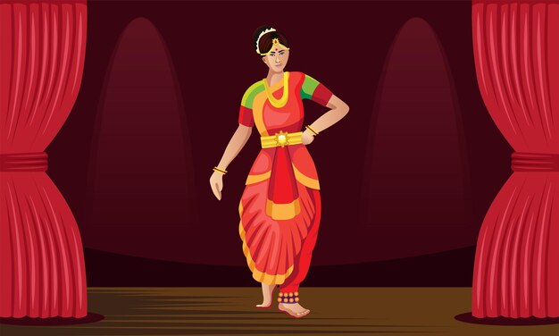 Radiant Dancer in Vibrant Sari on Stage with Curtains | Jiffy Designs
