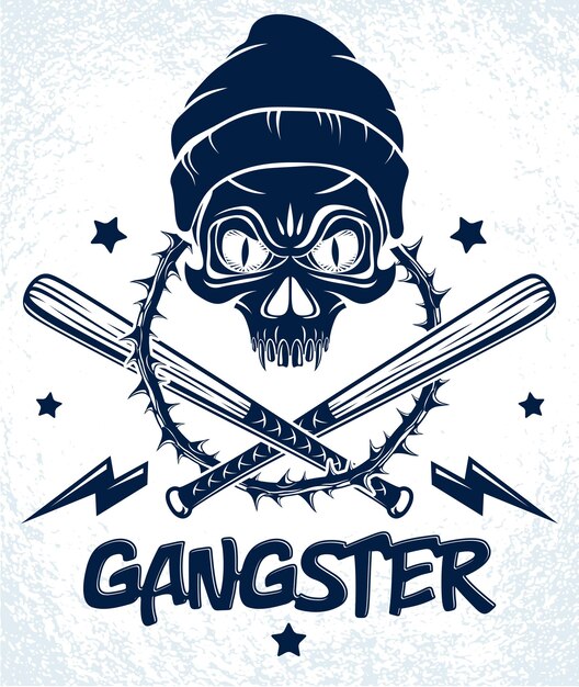Menacing Gangster Skull with Crossed Bats and Stars | Jiffy Designs