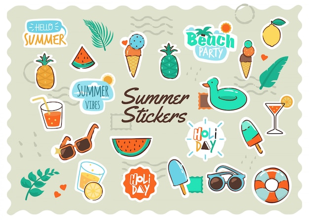 Vibrant Summer Stickers Collection with Tropical Fruit and Beach Motifs ...