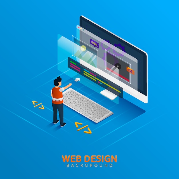Vibrant Isometric Web Design Workspace with Computer and Tools | Jiffy ...