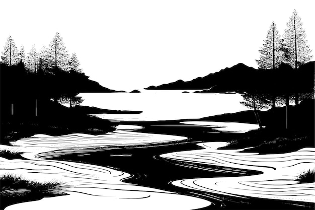 Serene Lakeside Landscape with Winding Streams and Silhouetted Trees ...