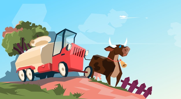 Cartoon Farm Tractor Hauling Cow on Rural Landscape Scene | Jiffy Designs