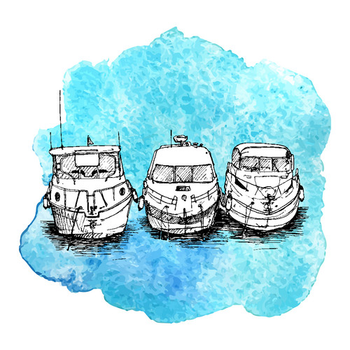 Vector Sketch Of Boats At Blue Watercolor Background, Hand Drawn ...