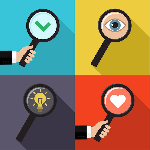 Magnifying Glasses Revealing Symbols of Approval, Observation, Idea, and Love | Jiffy Designs