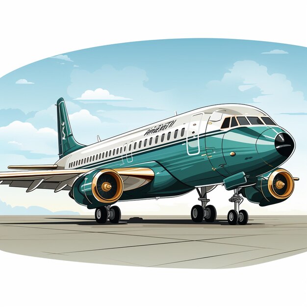 Sleek Teal Passenger Jet Awaits Takeoff on Runway | Jiffy Designs