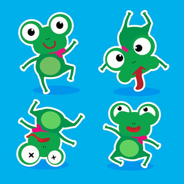 Playful Green Frog Stickers on Vibrant Blue Background | Jiffy Designs
