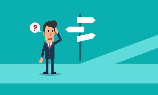 Confused Businessman Standing at Crossroads with Direction Signs ...