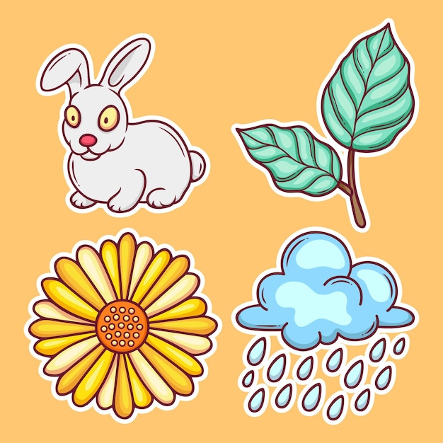 Cheerful Spring Symbols: Bunny, Flower, Leaf, and Rain Cloud | Jiffy ...