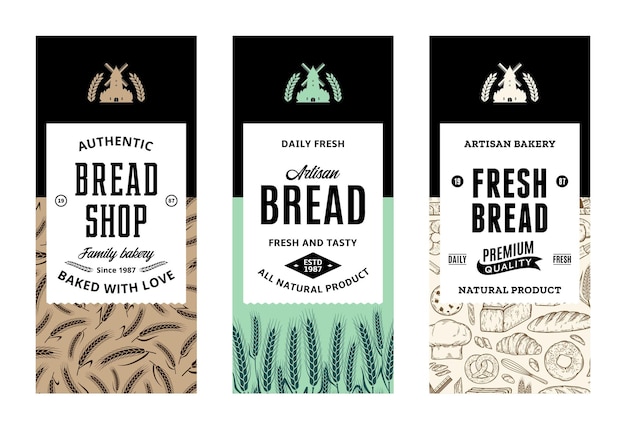 Artisanal Bread Labels with Rustic Wheat Patterns and Bakery Logos ...