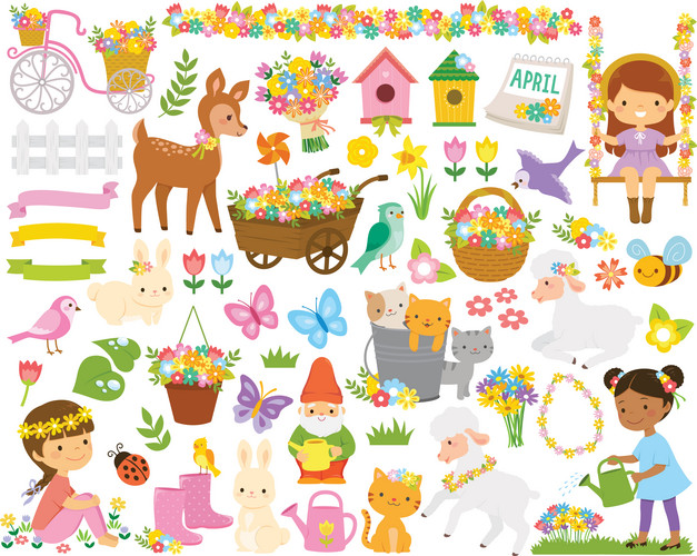 Clipart Set For Spring. Cute Cartoon Springtime Items Such As Flowers ...