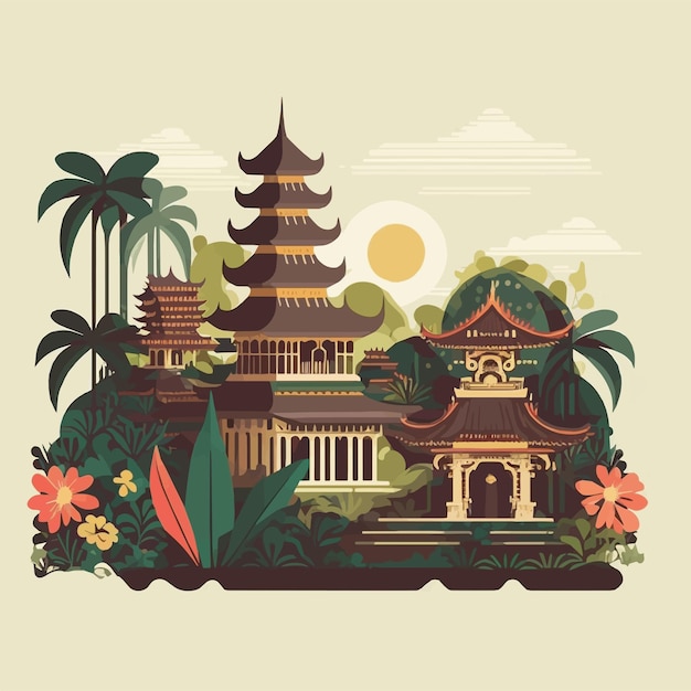 Vibrant Tropical Landscape with Iconic Asian Temples | Jiffy Designs