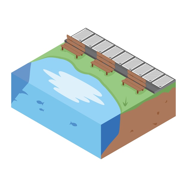 Isometric Landscape with River, Benches and Footbridge Illustration ...