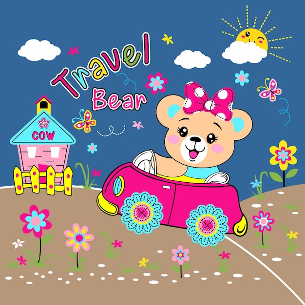 Cheerful Travel Bear Cruising Through a Whimsical Landscape | Jiffy Designs