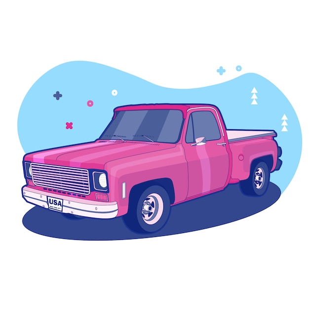 Retro Pink Pickup Truck on the Road | Jiffy Designs