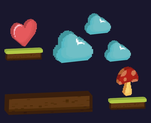 Vibrant Pixel Art Shapes: Hearts, Clouds, and Mushrooms | Jiffy Designs