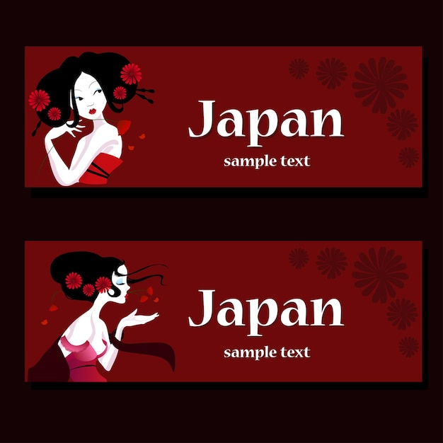 Elegant Japanese Geisha Figures in Vibrant Red Banners | Jiffy Designs