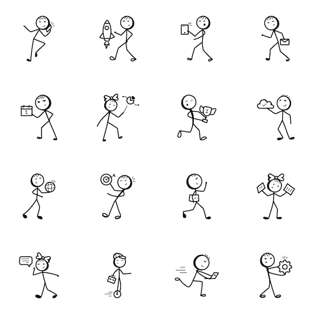 Playful Stick Figure Characters in Diverse Poses and Activities | Jiffy ...