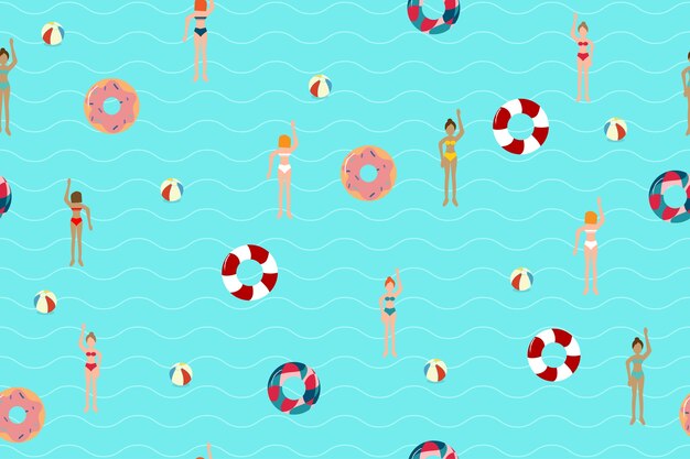 Vibrant Beach Scene with Diverse Pool Floats and Swimmers | Jiffy Designs