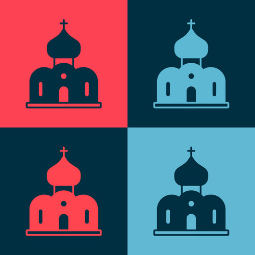 Pop Art Church Building Icon Isolated On Color Background. Christian ...