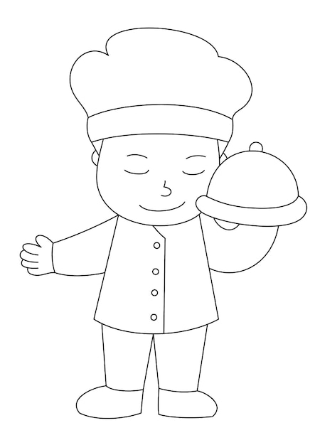 Smiling Chef Holding Covered Dish in Outline Drawing | Jiffy Designs