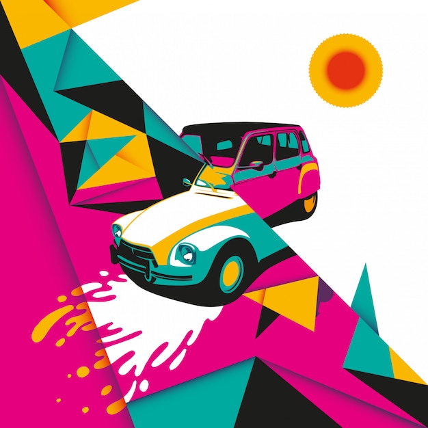 Vibrant Geometric Car Illustration with Retro-Futuristic Style | Jiffy ...