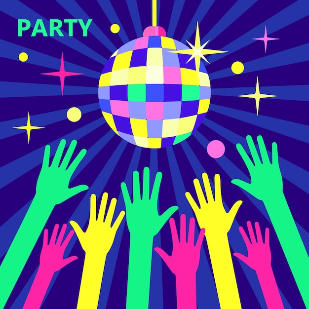 Vibrant Disco Ball Celebration with Colorful Raised Hands | Jiffy Designs