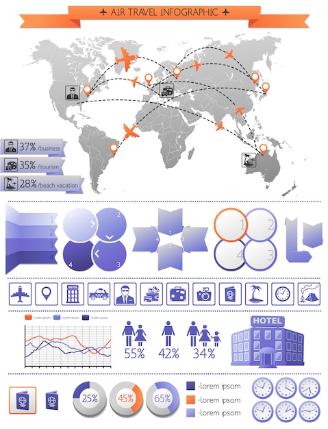 Vibrant Global Air Travel Infographic with Detailed World Map and Icons ...