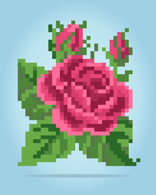 Vibrant Pixel Art Rose Blooms with Lush Foliage | Jiffy Designs
