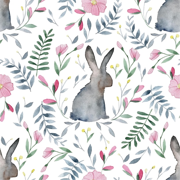 Watercolor Bunny Rabbit Floral Pattern with Leaves and Buds | Jiffy Designs