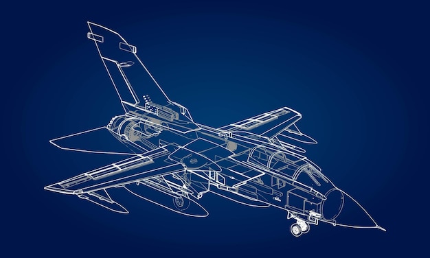 Sleek Futuristic Fighter Jet Blueprint on Midnight Blue | Jiffy Designs