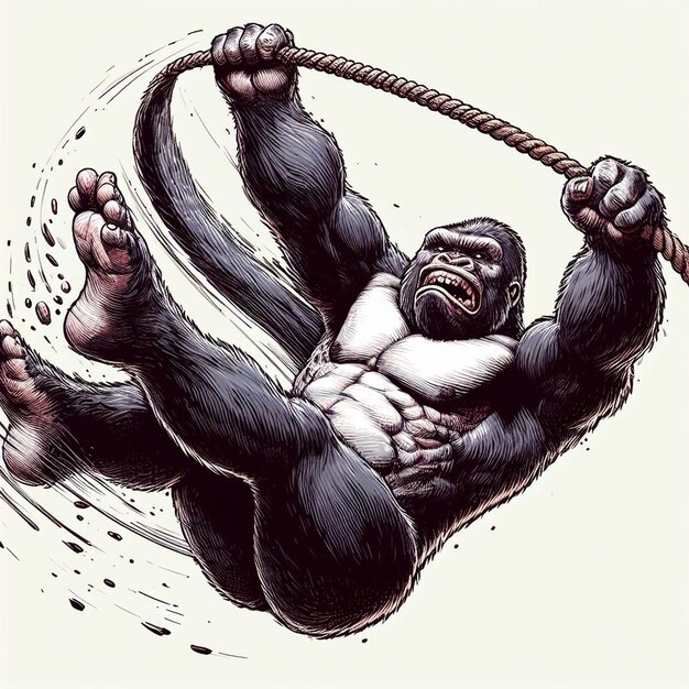 Powerful Gorilla Swinging on Rope in Dramatic Illustration | Jiffy Designs