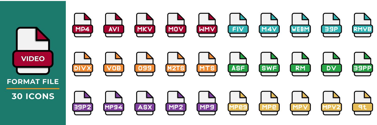File Format Video Icons Set In Flat Style. Collection Of File Extension ...