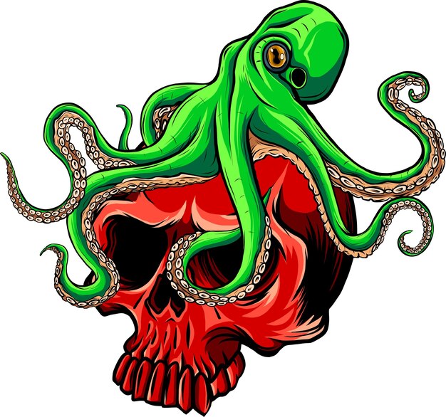 Fierce Green Octopus Emerging from Crimson Skull | Jiffy Designs