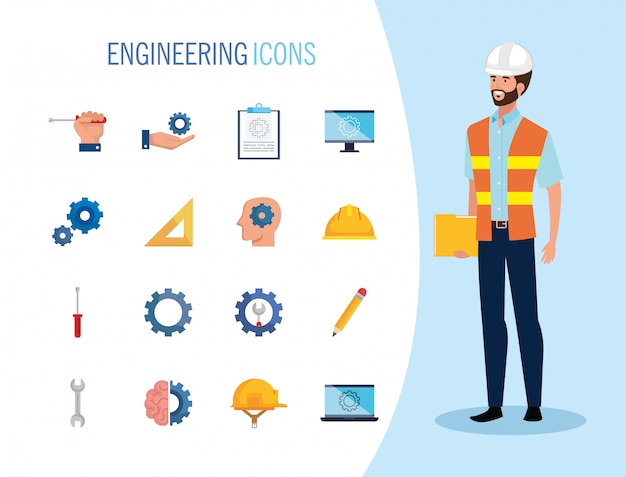 Vibrant Engineering Symbols and Hardworking Construction Worker | Jiffy ...