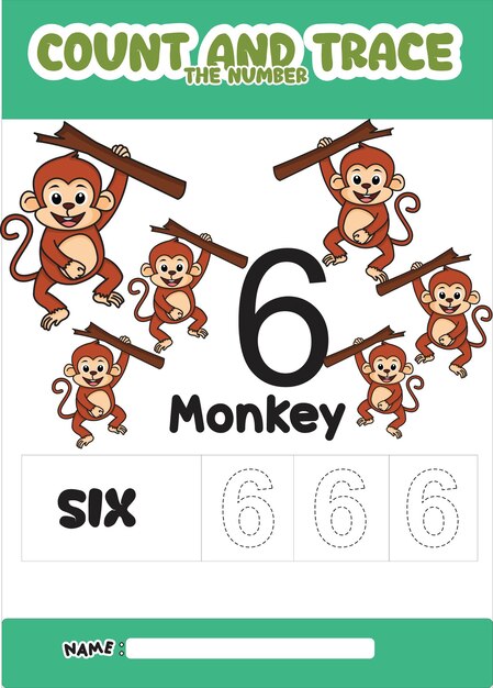 Adorable Monkeys Counting and Tracing the Number Six | Jiffy Designs