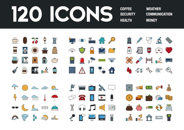 Diverse Collection of 120 Versatile Icons Spanning Multiple Domains ...