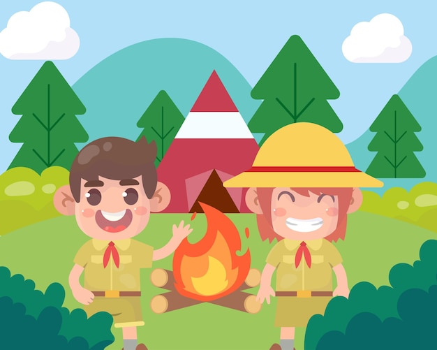 Cheerful Scouts Enjoying Campfire in Scenic Nature Scene | Jiffy Designs