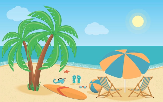 Vibrant Tropical Beach Scene with Palm Trees and Sunbathing Essentials ...